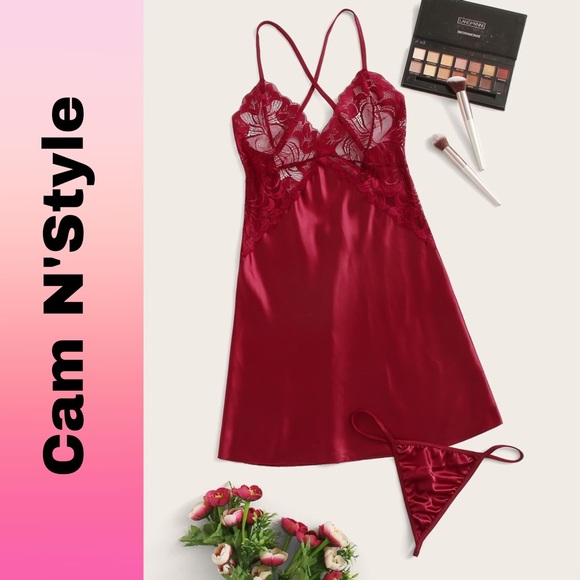 Intimates & Sleepwear | New Red Satin Silklike Lace Nightgown With ...